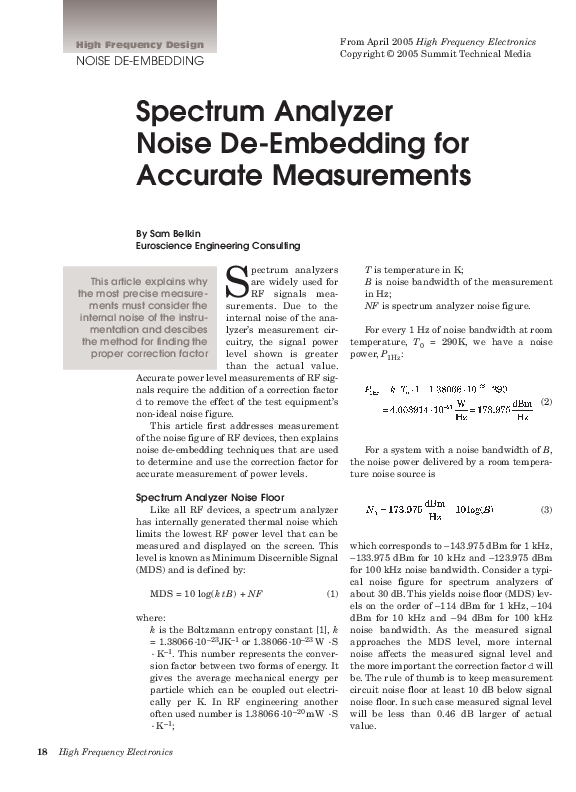 (PDF) Spectrum Analyzer Noise De-Embedding for Accurate Measurements