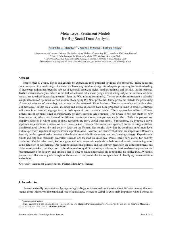Pdf Meta Level Sentiment Models For Big Social Data Analysis