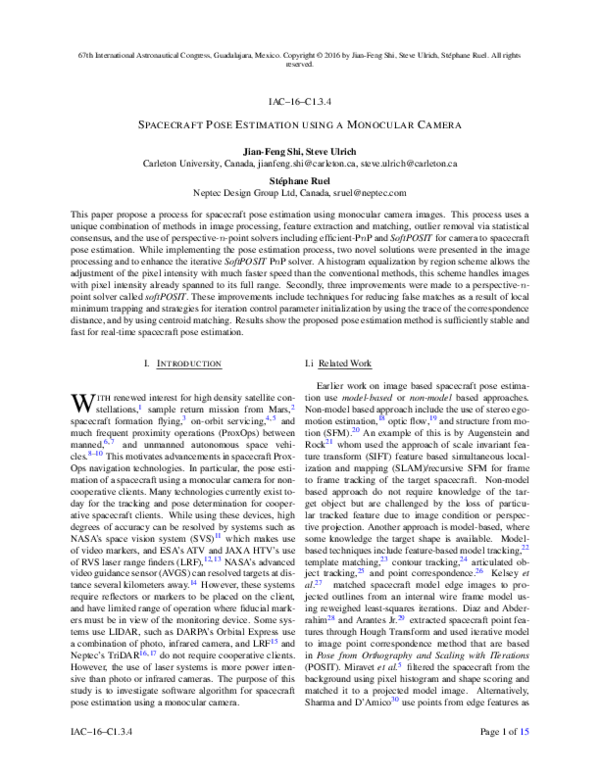 Pdf Spacecraft Pose Estimation Using A Monocular Camera