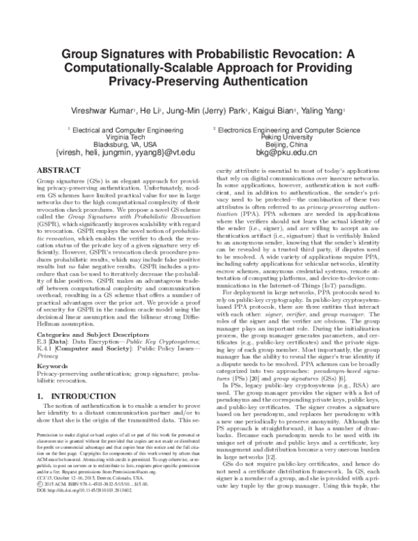 (PDF) Group Signatures with Probabilistic Revocation: A Computationally ...