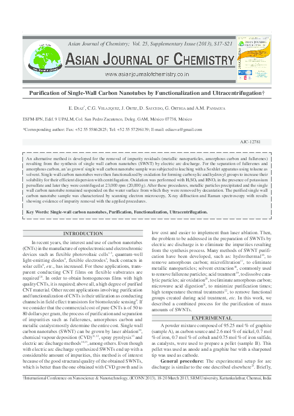 (PDF) Purification of Single-Wall Carbon Nanotubes by Functionalization ...