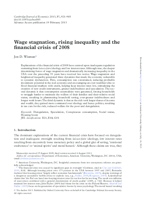 (PDF) Wage stagnation, rising inequality and the financial crisis of 2008