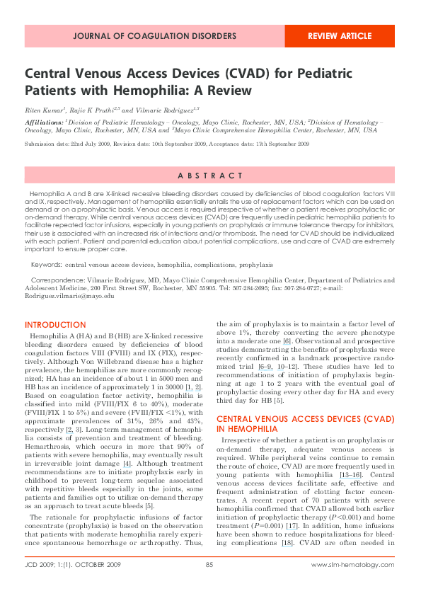 (PDF) Central Venous Access Devices (CVAD) for Pediatric Patients with ...
