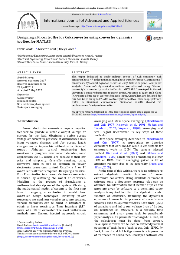Pdf Designing A Pi Controller For Cuk Converter Using Converter Dynamics Toolbox For Matlab