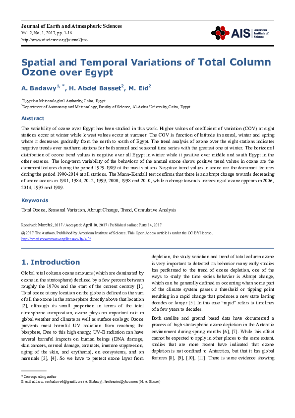 Pdf Spatial And Temporal Variations Of Total Column Ozone Over Egypt