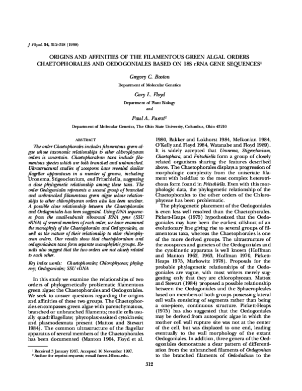 (PDF) ORIGINS AND AFFINITIES OF THE FILAMENTOUS GREEN ALGAL ORDERS ...