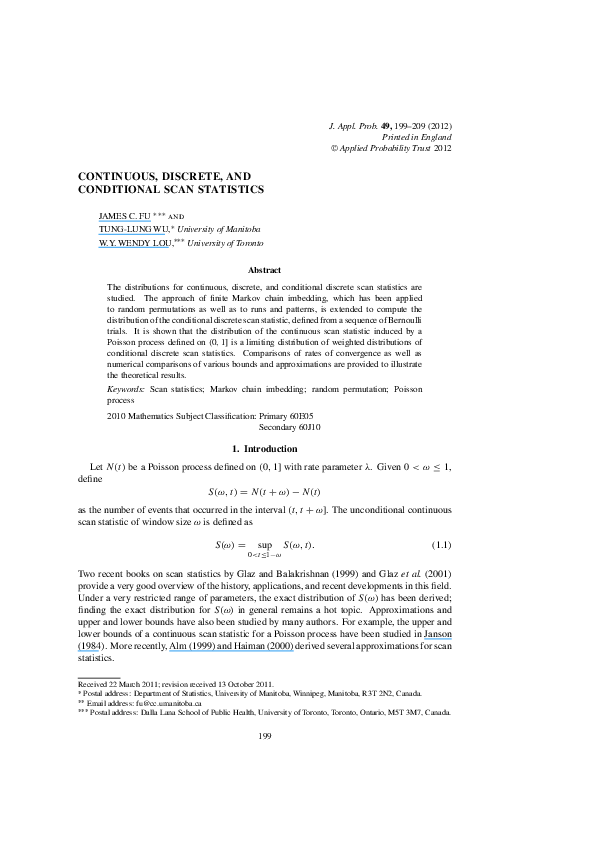(PDF) Continuous, discrete, and conditional scan statistics