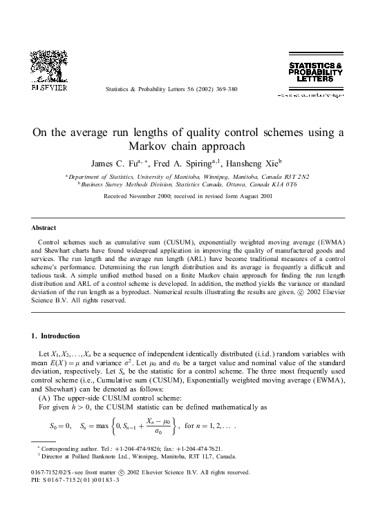 (PDF) On the average run lengths of quality control schemes using a Markov chain approach