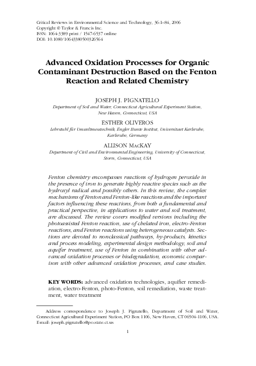 (PDF) Advanced Oxidation Processes for Organic Contaminant Destruction ...