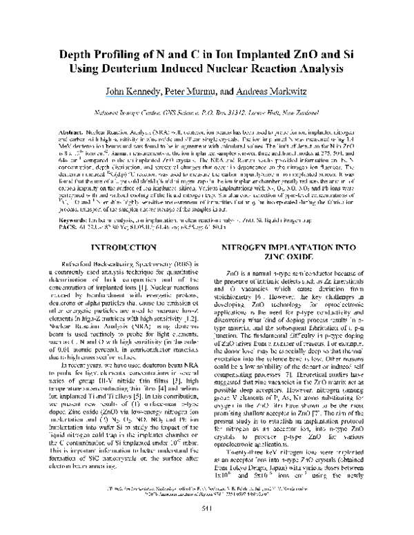 (PDF) Depth Profiling of N and C in Ion Implanted ZnO and Si Using Deuterium Induced Nuclear ...