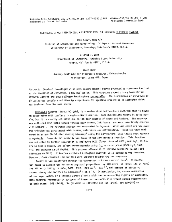 (PDF) Clitocine, A New Insecticidal Nucleoside From The Mushroom ...