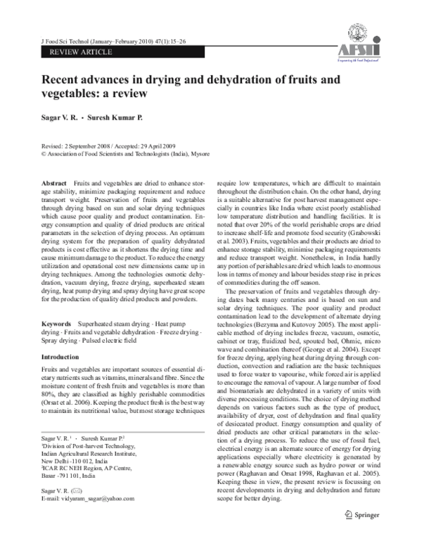 (PDF) Recent advances in drying and dehydration of fruits and vegetables: a review