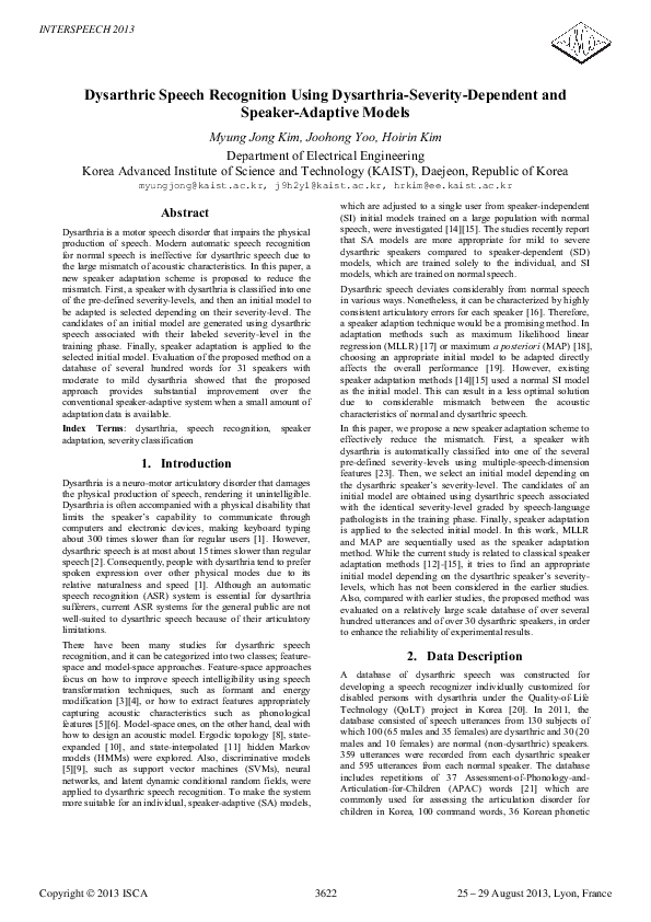 (PDF) Dysarthric Speech Recognition Using Dysarthria-Severity-Dependent and Speaker-Adaptive Models