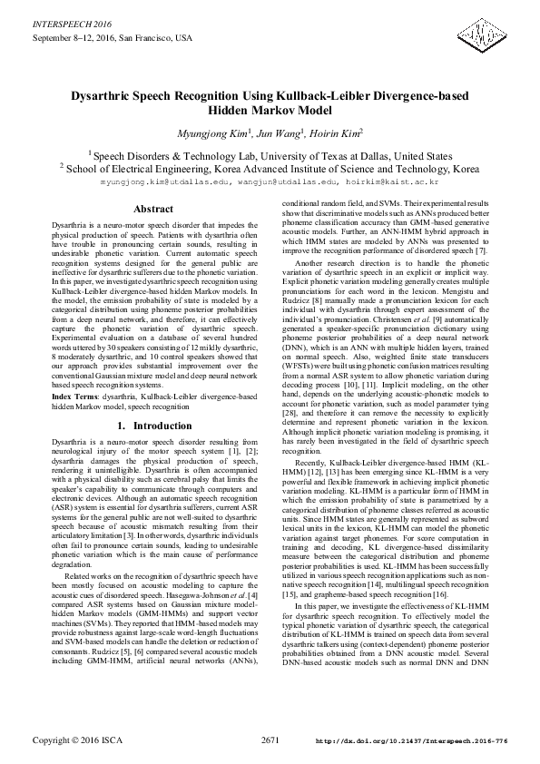 (PDF) Dysarthric Speech Recognition Using Kullback-Leibler Divergence-based Hidden Markov Model ...