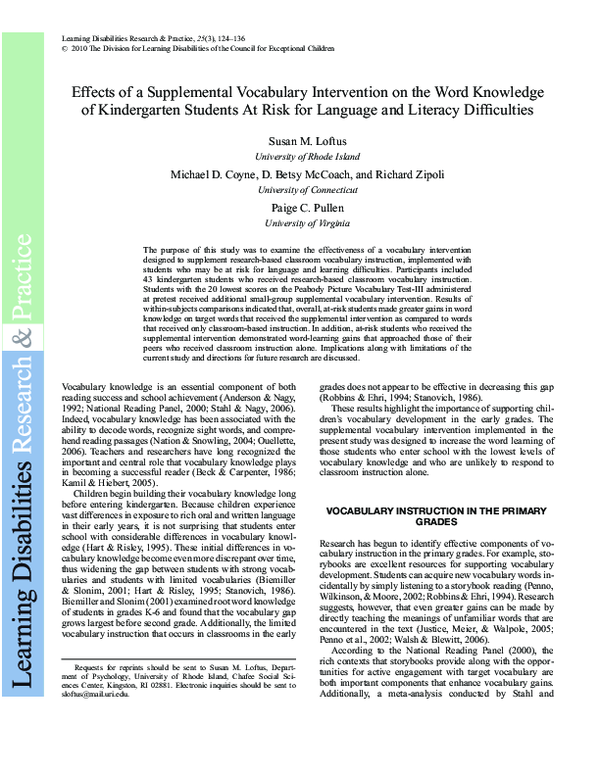 (PDF) Effects of a Supplemental Vocabulary Intervention on the Word ...