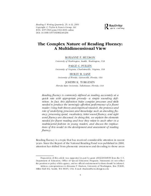 (PDF) The Complex Nature of Reading Fluency: A Multidimensional View