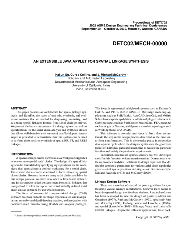 Pdf An Extensible Java Applet For Spatial Linkage Synthesis