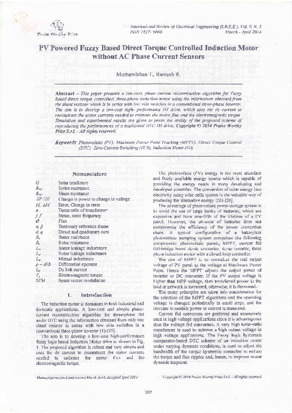 Pdf Fuzzy Based Direct Torque Controlled Induction Motor Without Ac