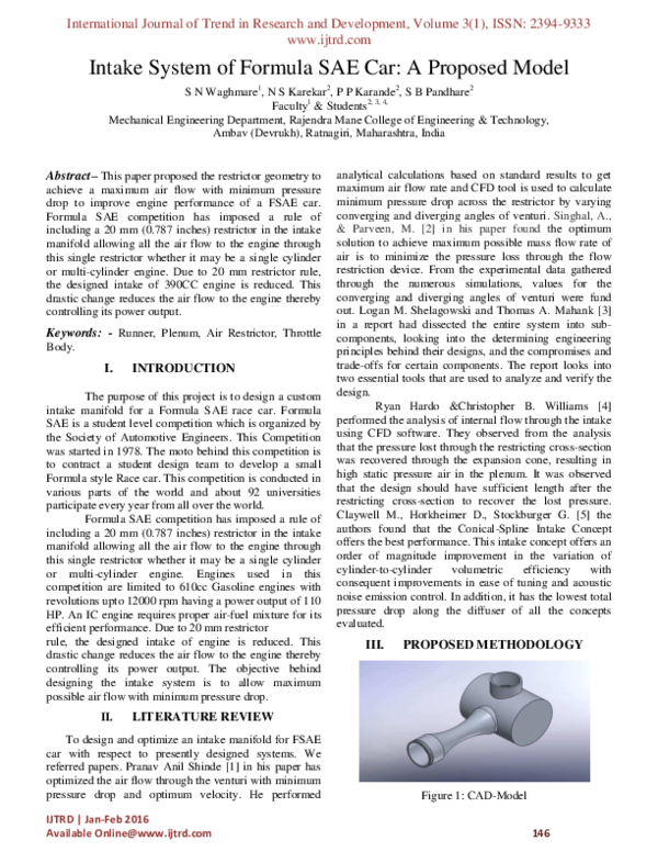 (PDF) Intake System of Formula SAE Car: A Proposed Model