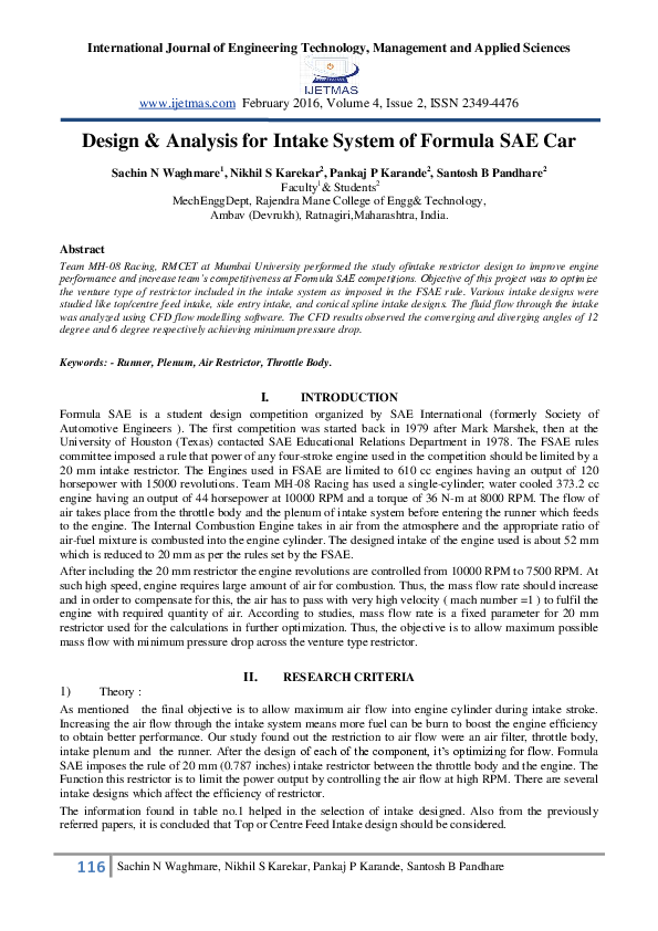 (PDF) Design & Analysis for Intake System of Formula SAE Car