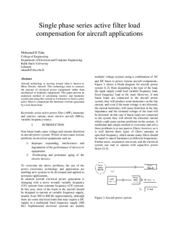(PDF) Single phase series active filter load compensation for aircraft applications