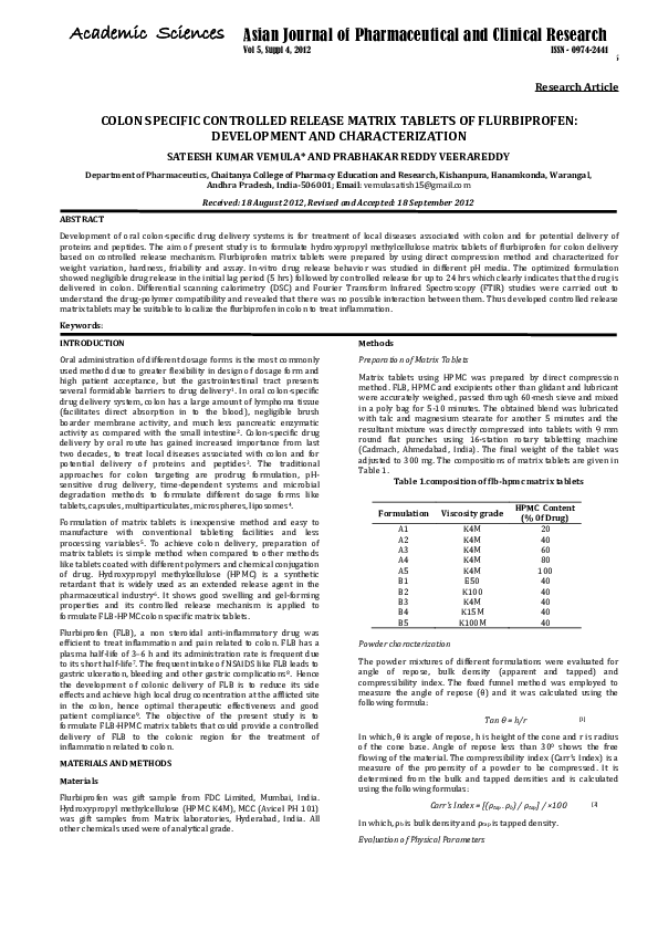 Pdf Colon Specific Controlled Release Matrix Tablets Of Flurbiprofen Development And