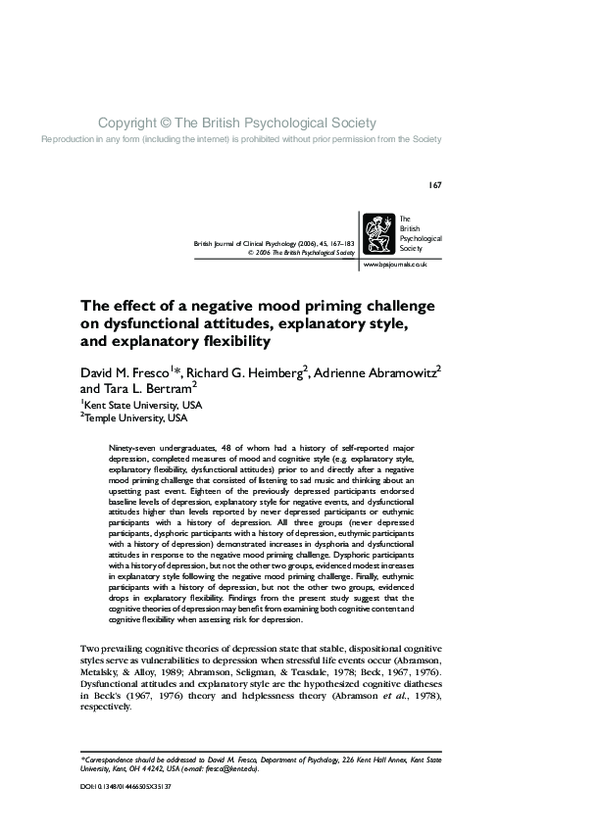 (PDF) The effect of a negative mood priming challenge on dysfunctional attitudes, explanatory ...