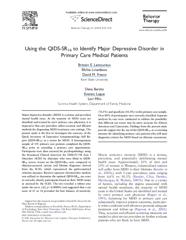 (PDF) Using the QIDS-SR16 to Identify Major Depressive Disorder in ...