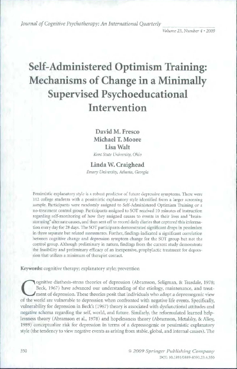 (PDF) Self-Administered Optimism Training: Mechanisms of Change in a ...