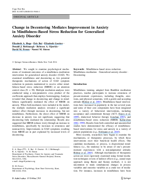 (PDF) Change in Decentering Mediates Improvement in Anxiety in ...