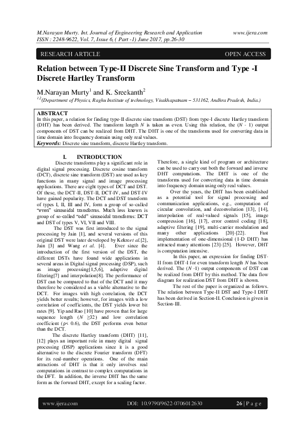 Pdf Relation Between Type Ii Discrete Sine Transform And Type I Discrete Hartley Transform