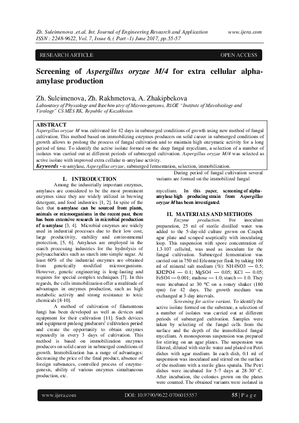 (PDF) Screening of Aspergillus oryzae M/4 for extra cellular alpha- amylase production