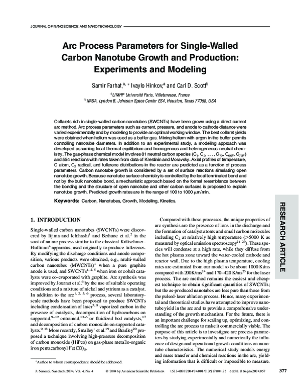 (PDF) Arc Process Parameters for Single-Walled Carbon Nanotube Growth ...
