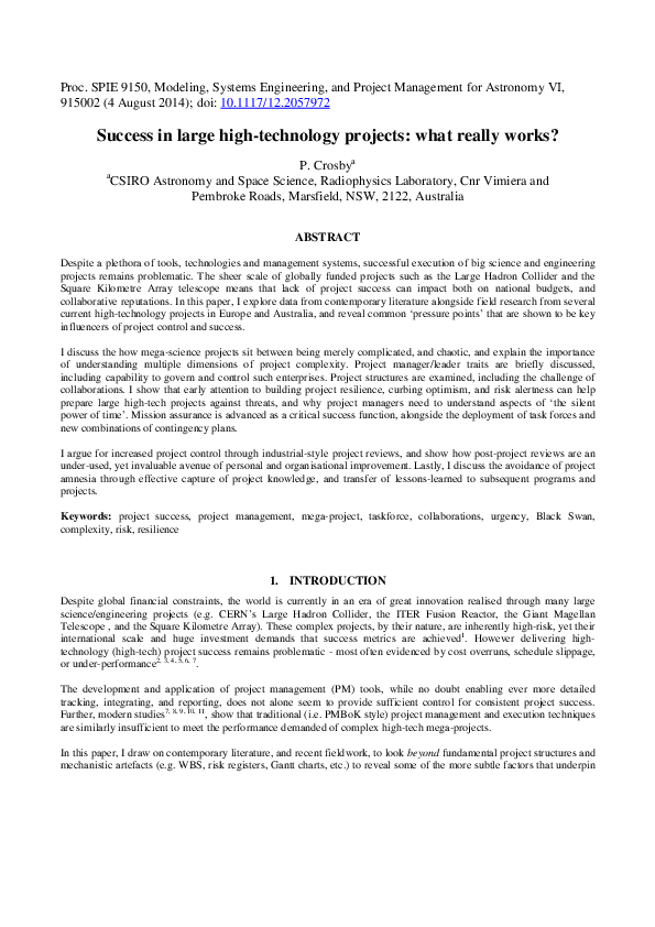 (PDF) Success in large high-technology projects: what really works