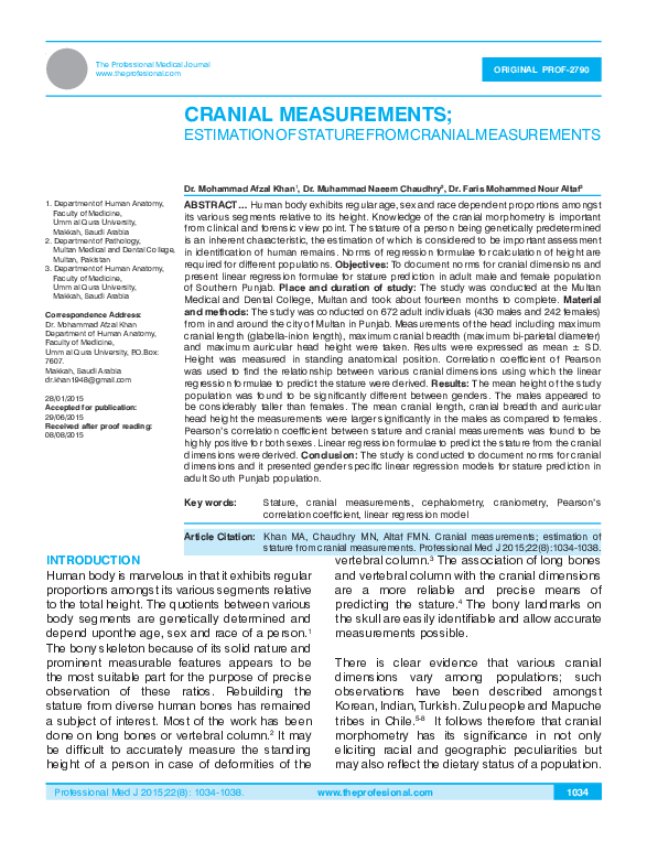 (PDF) CRANIAL MEASUREMENTS; ESTIMATION OF STATURE FROM CRANIAL MEASUREMENTS