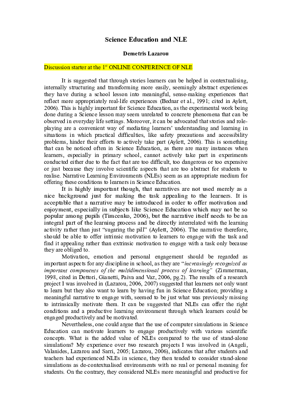 (DOC) Science Education and Narrative Learning Environments