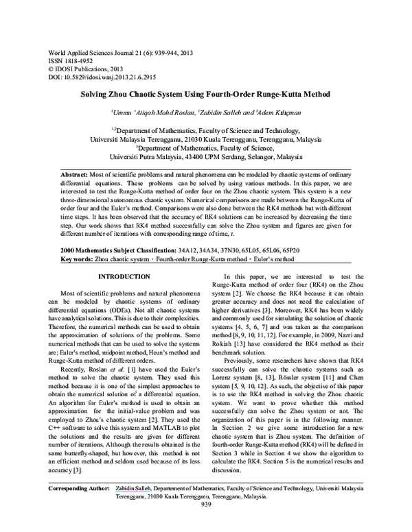 Pdf Solving Zhou Chaotic System Using Fourth Order Runge Kutta Method