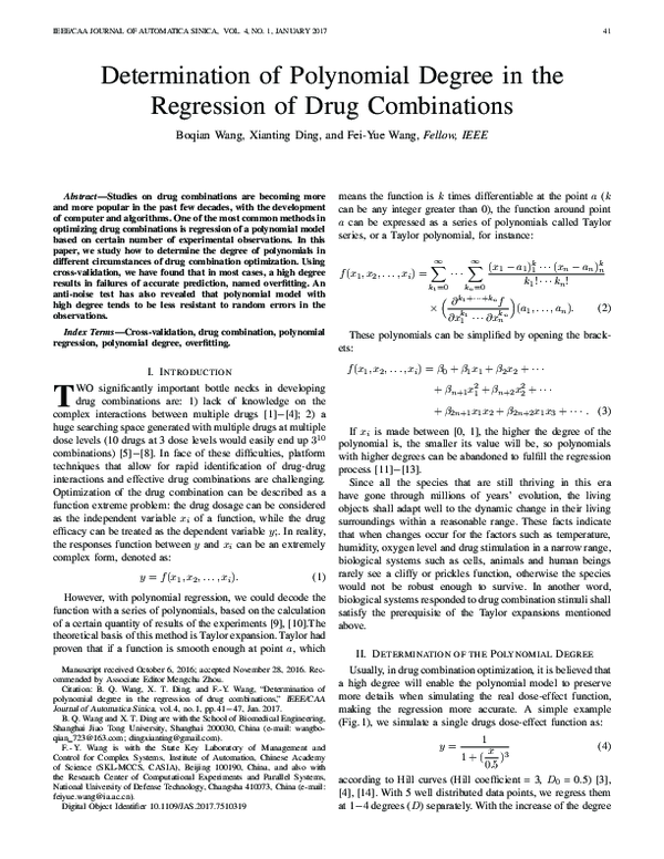 Pdf Determination Of Polynomial Degree In The Regression Of Drug Combinations Ieeecaa J