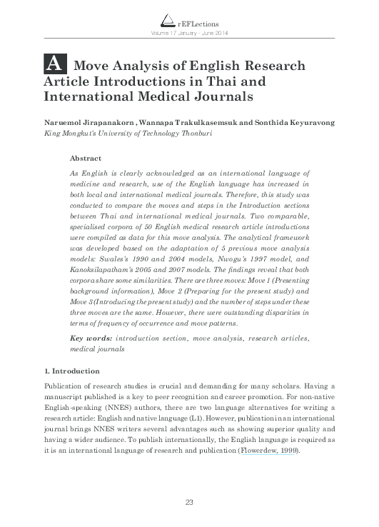 (PDF) A Move Analysis of English Research Article Introductions in Thai ...