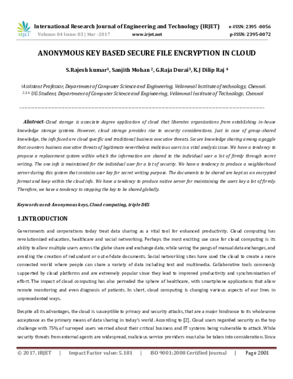 (PDF) ANONYMOUS KEY BASED SECURE FILE ENCRYPTION IN CLOUD