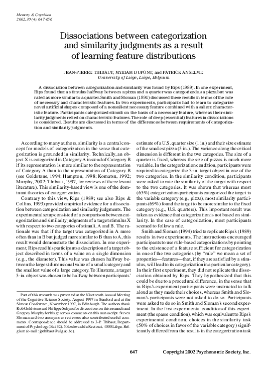 (PDF) Dissociations between categorization and similarity judgments as a result of learning ...