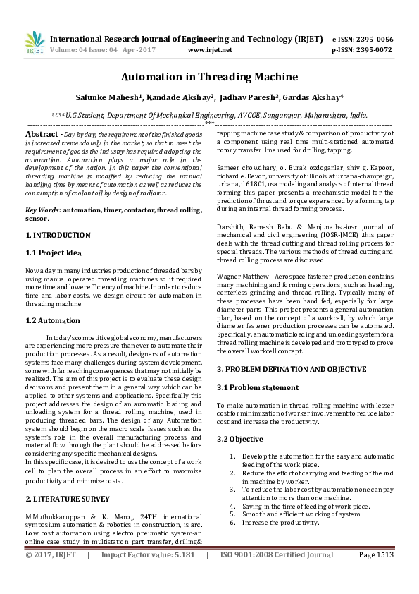 (PDF) Automation in Threading Machine