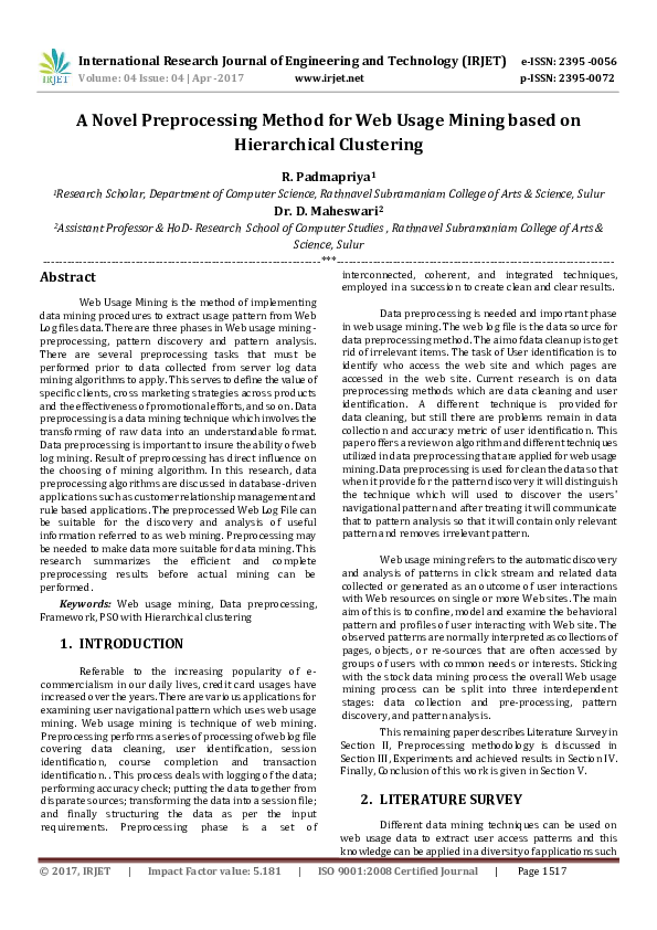 (PDF) A Novel Preprocessing Method for Web Usage Mining based on Hierarchical Clustering | IRJET ...