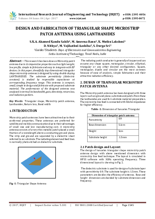 (PDF) DESIGN AND FABRICATION OF TRIANGULAR SHAPE MICROSTRIP PATCH ANTENNA USING LANTHANIDES