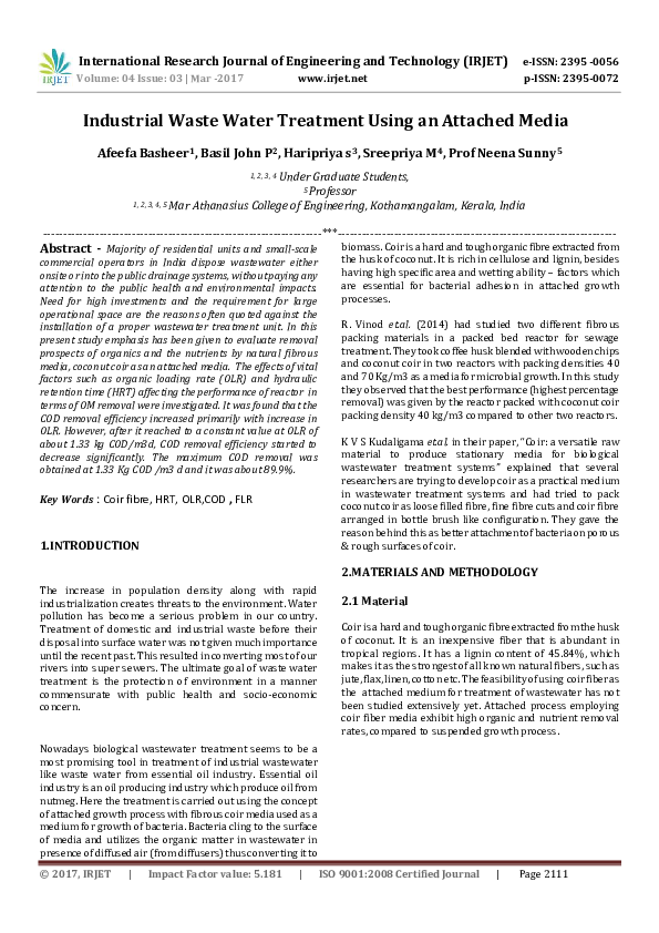 (PDF) Industrial Waste Water Treatment Using an Attached Media | IRJET Journal - Academia.edu