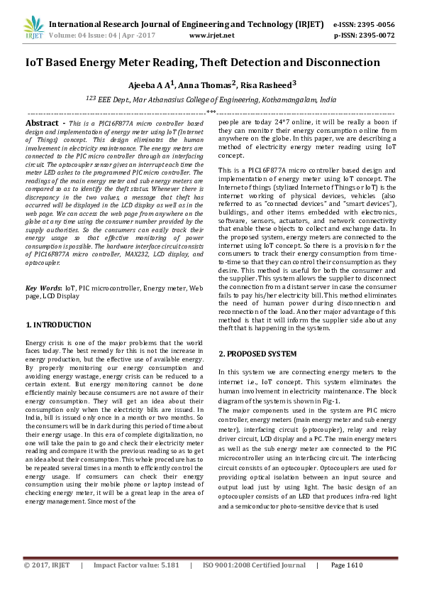 (PDF) IoT Based Energy Meter Reading, Theft Detection and Disconnection