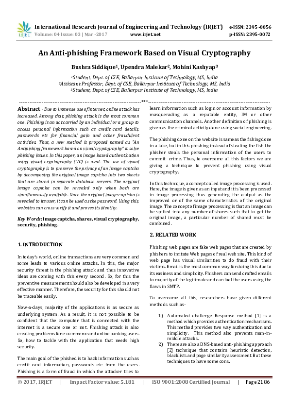 Pdf An Anti Phishing Framework Based On Visual Cryptography Irjet Journal