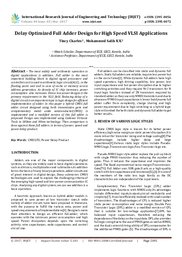 Pdf Delay Optimized Full Adder Design For High Speed Vlsi Applications