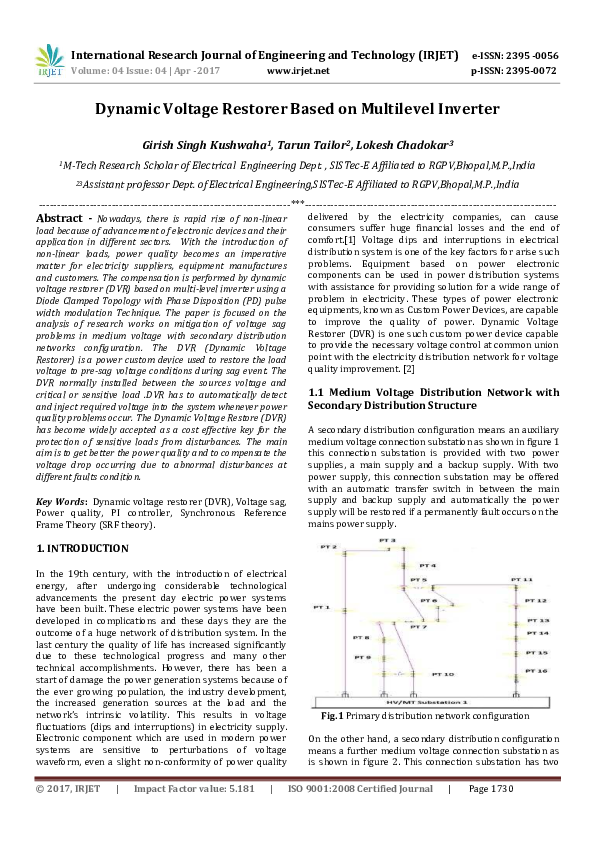 (PDF) Dynamic Voltage Restorer Based on Multilevel Inverter