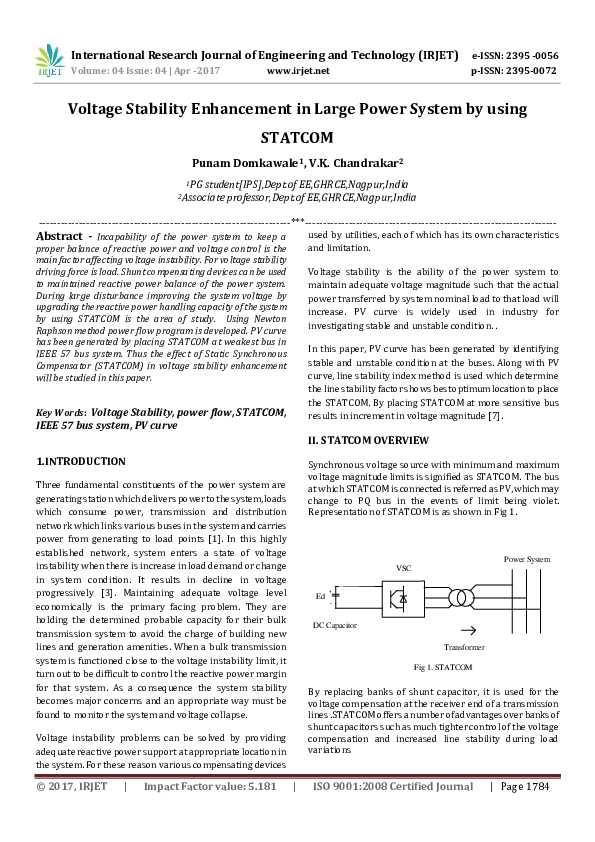 (PDF) Voltage Stability Enhancement in Large Power System by using STATCOM